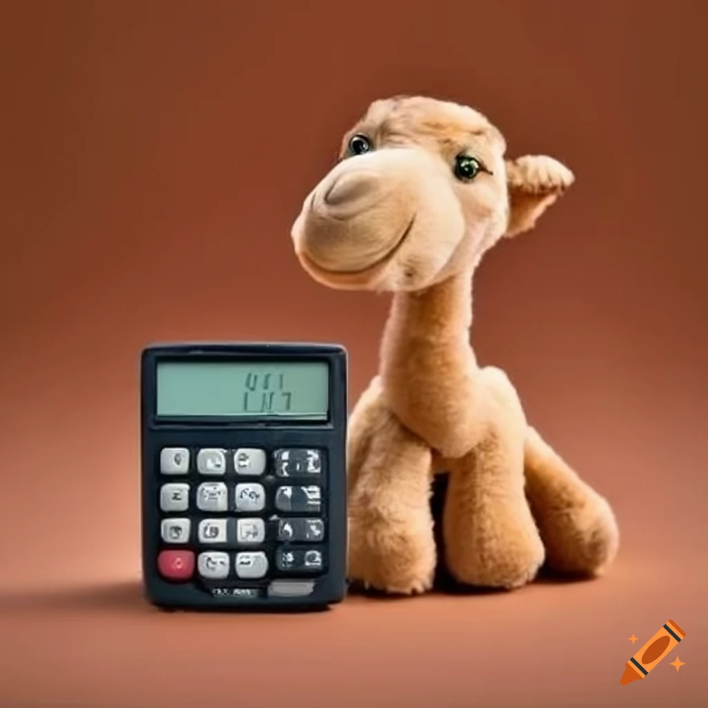 Calculator in front of a plush tan camel on Craiyon