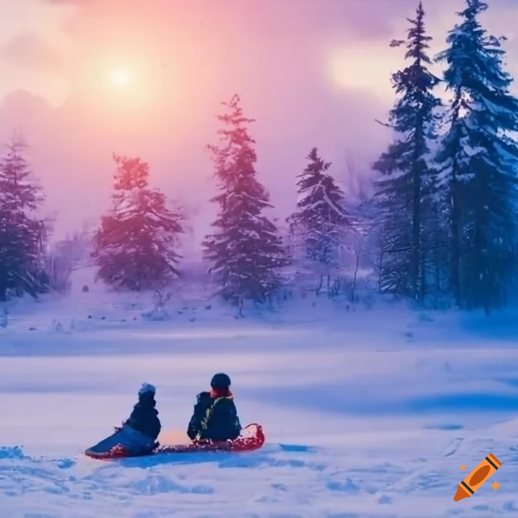Cozy snowy hillside with children sledding on Craiyon