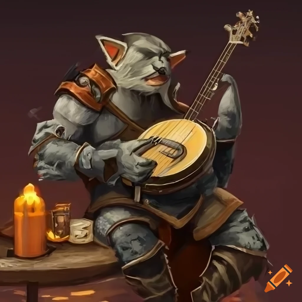 Friendly bugbear bard playing a banjo in a tavern on Craiyon