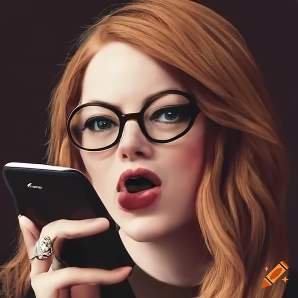 Emma stone wearing glasses and texting on a flip phone on Craiyon