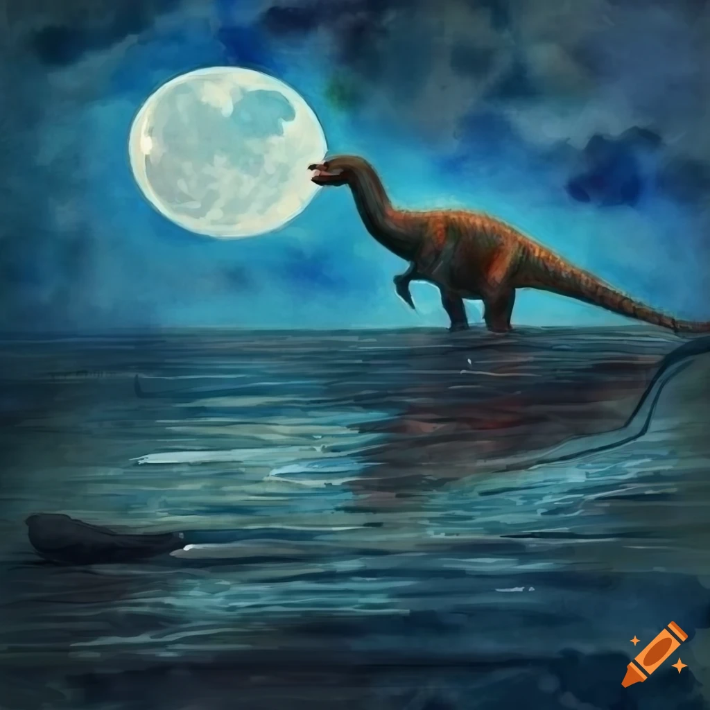 Majestic dinosaur-like Mokele-mbembe navigating moonlit waters of the ...