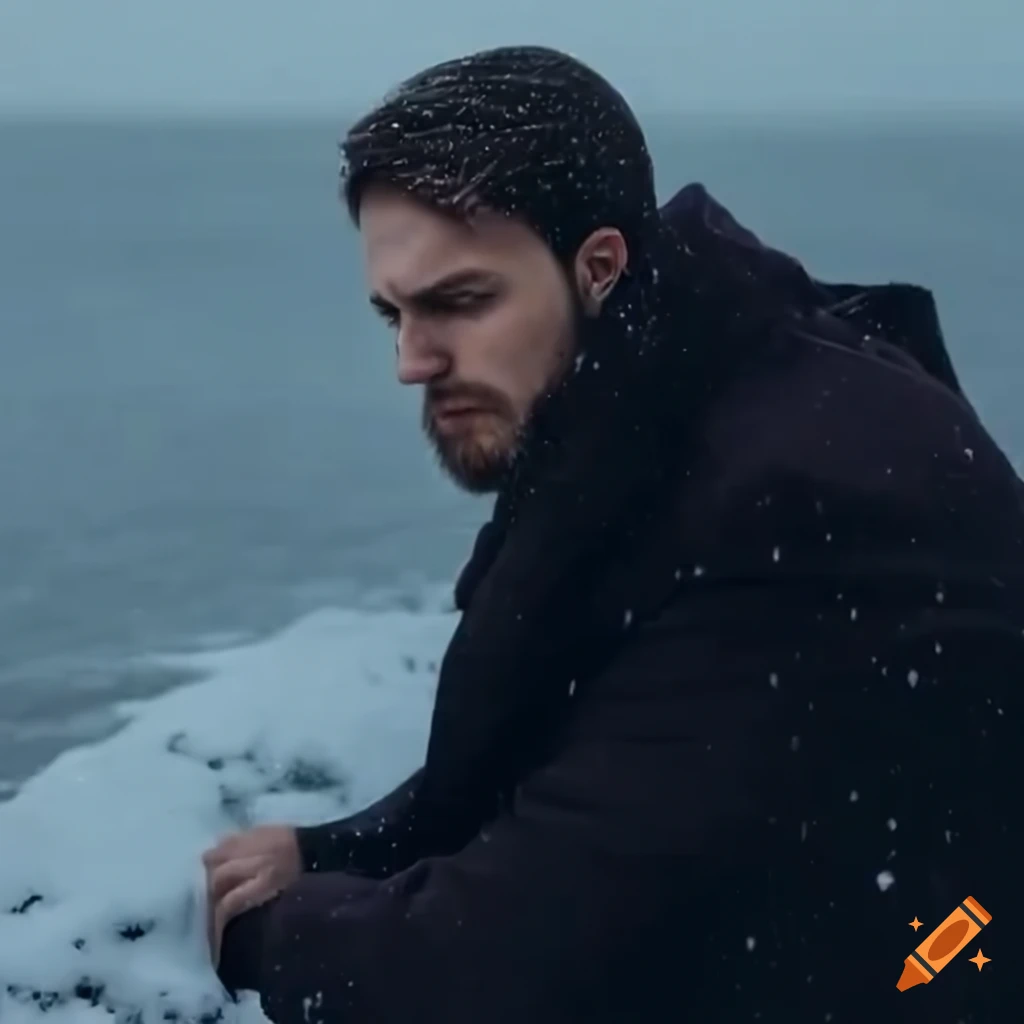 Dramatic man in coat near cold sea with falling snow on Craiyon