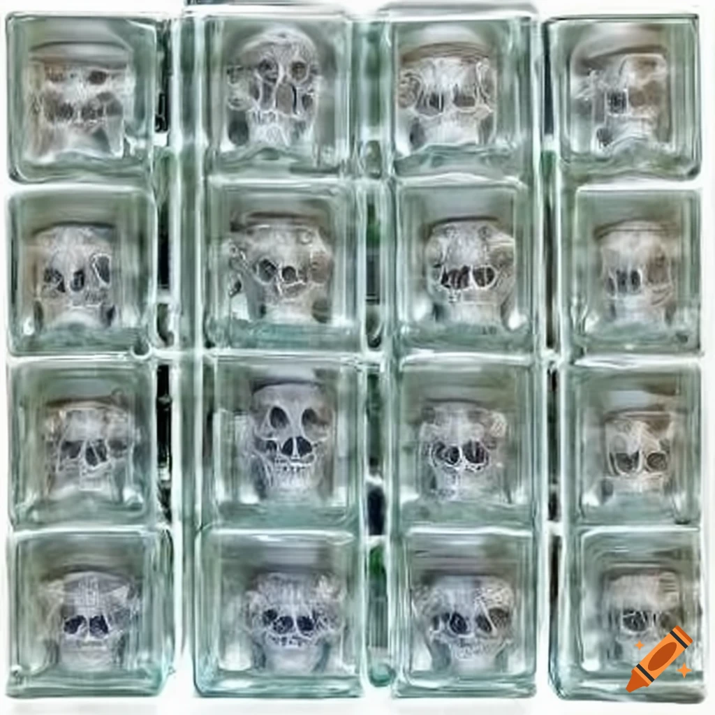 Grid of glass blocks shaped like skulls on Craiyon