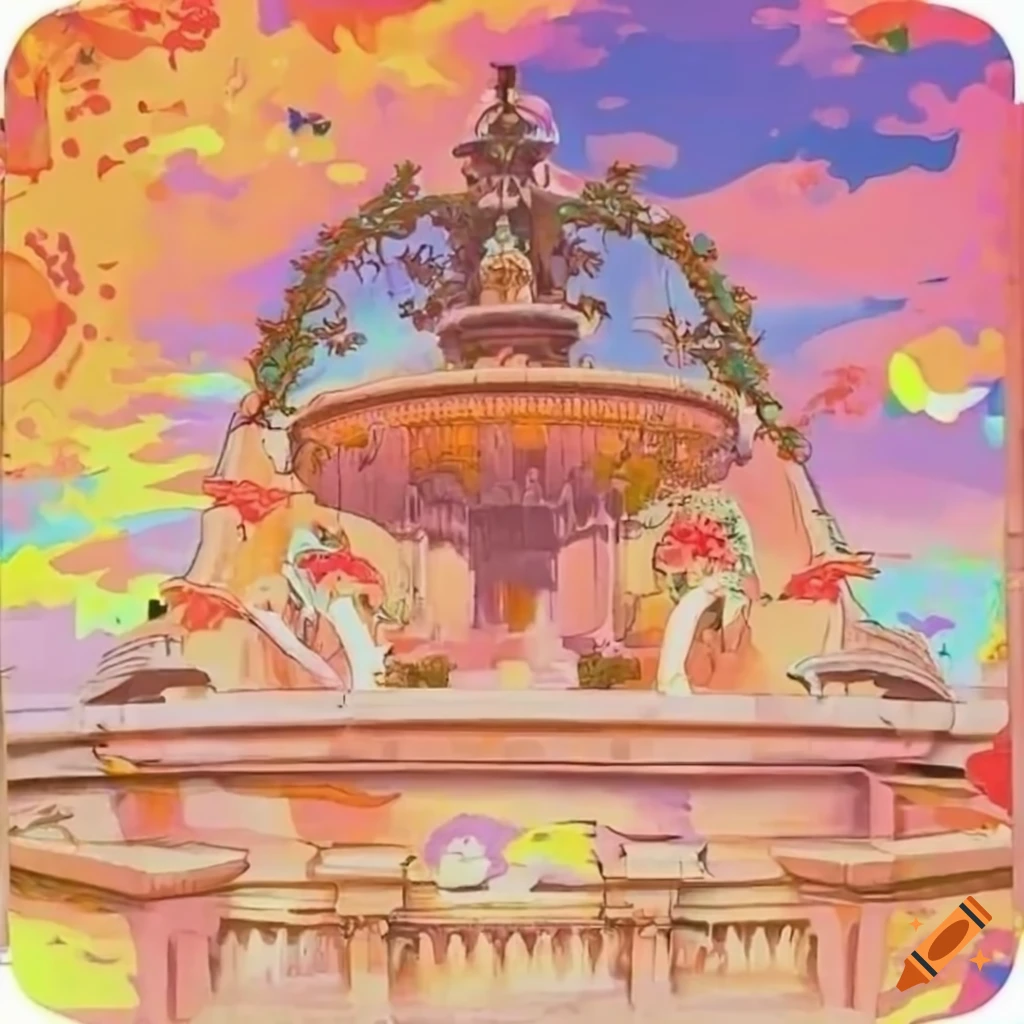 Balboa park fountain with flowers, birds, and sun in anime aesthetic on ...