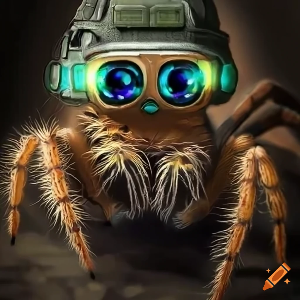 Jumping spider with Ops Core helmet and night vision goggles on Craiyon