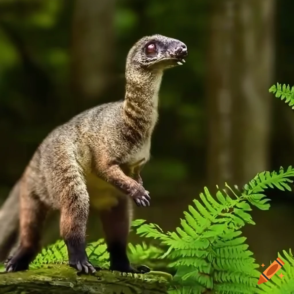 Bipedal feathered dinosaur with civet color pattern in a forest ...