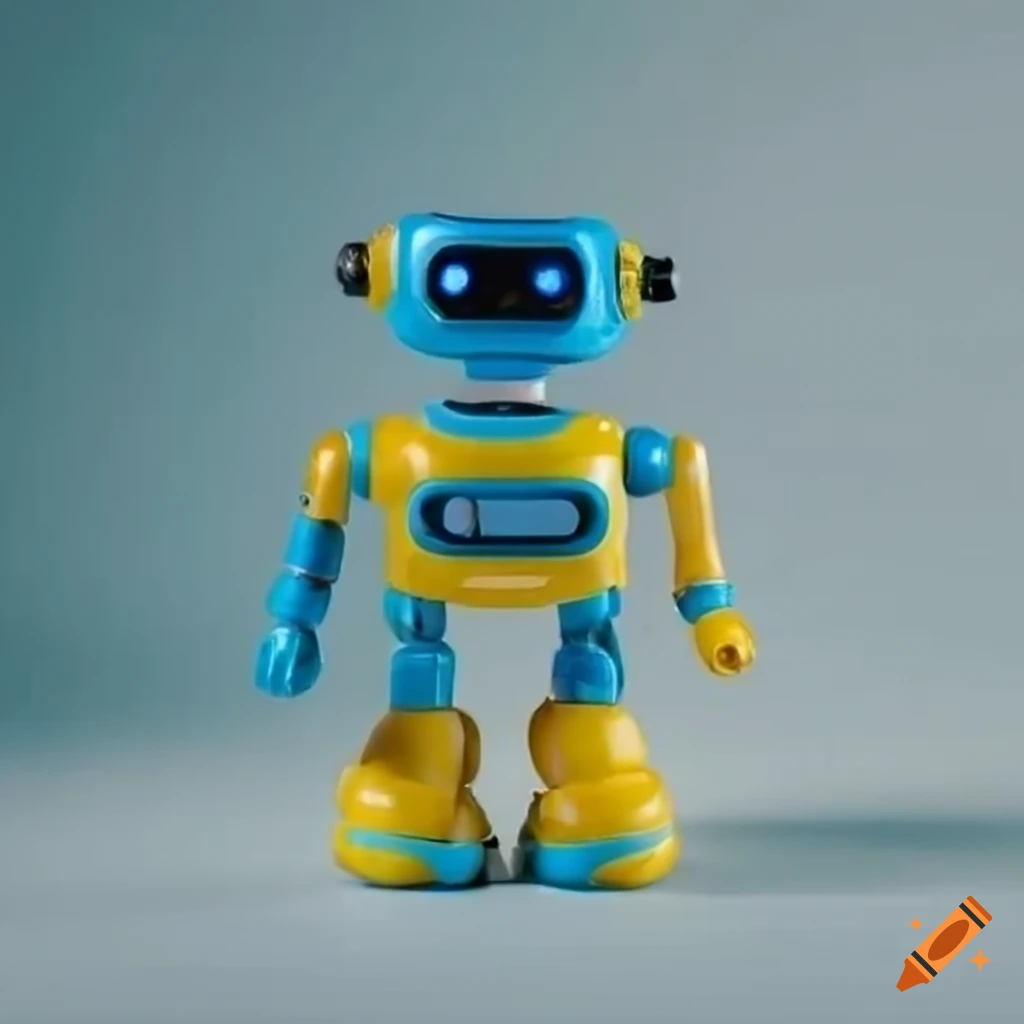 Happy standing blue smiling robot toy with antenna and yellow feet and ...