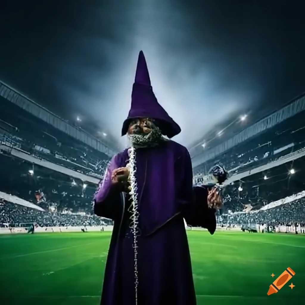 Wizard in a pointy hat controlling tv broadcast in a football stadium ...