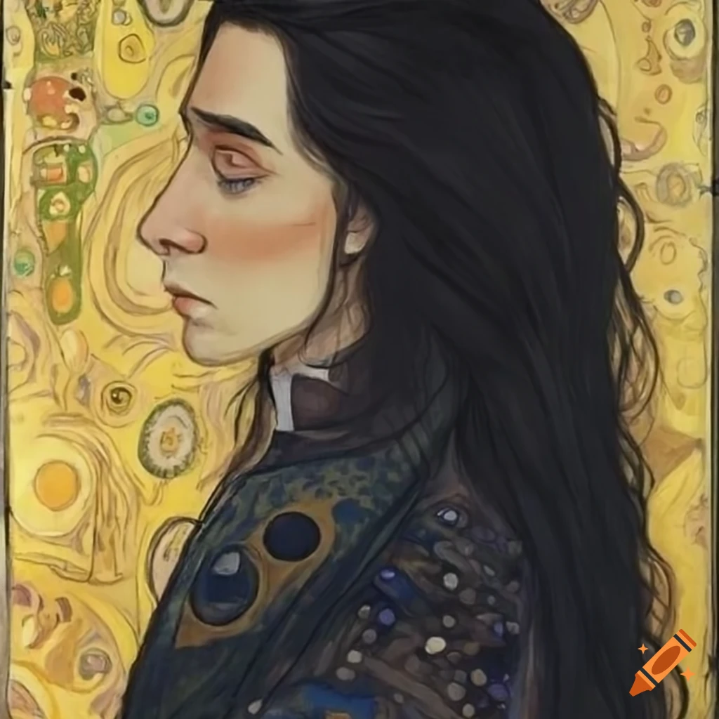 Portrait of handsome loki with long black hair in the style of gustav ...