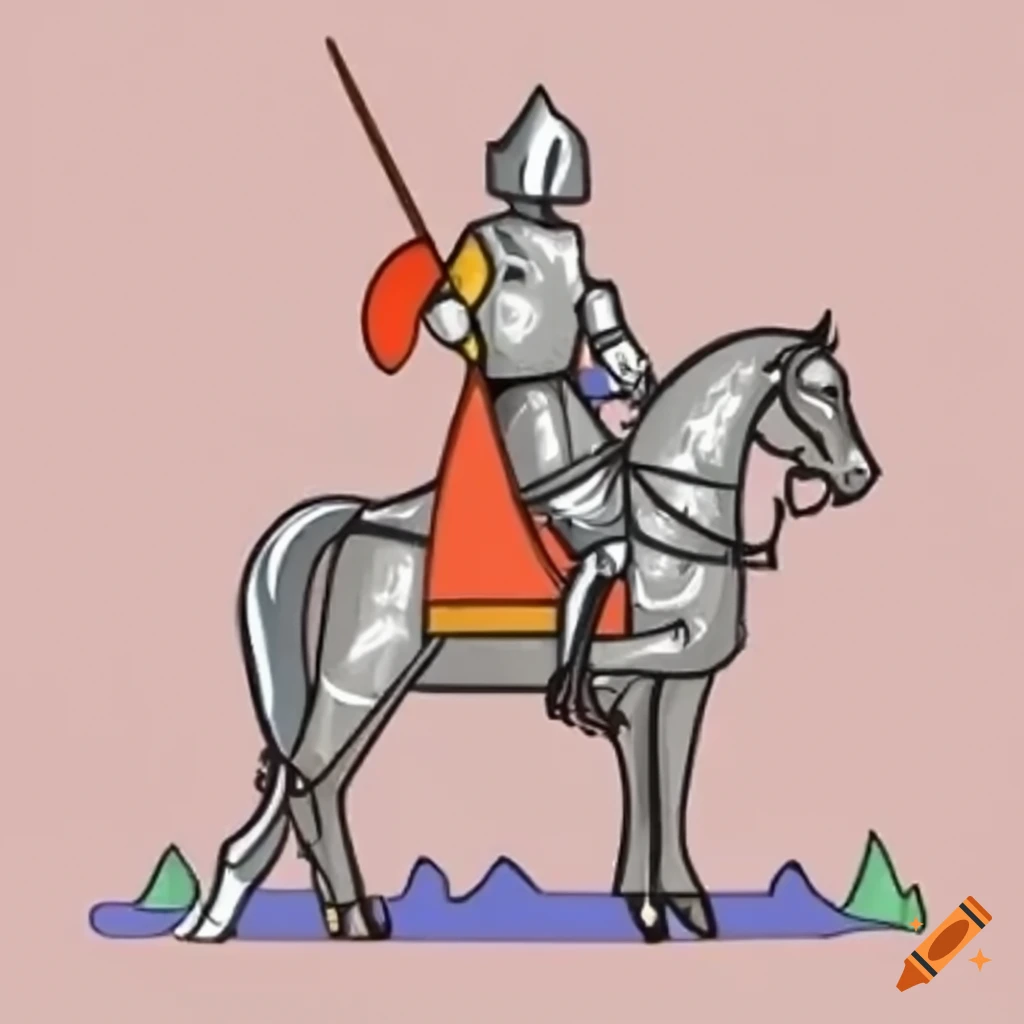 Knight on horseback passing through the village in a simple drawing on ...