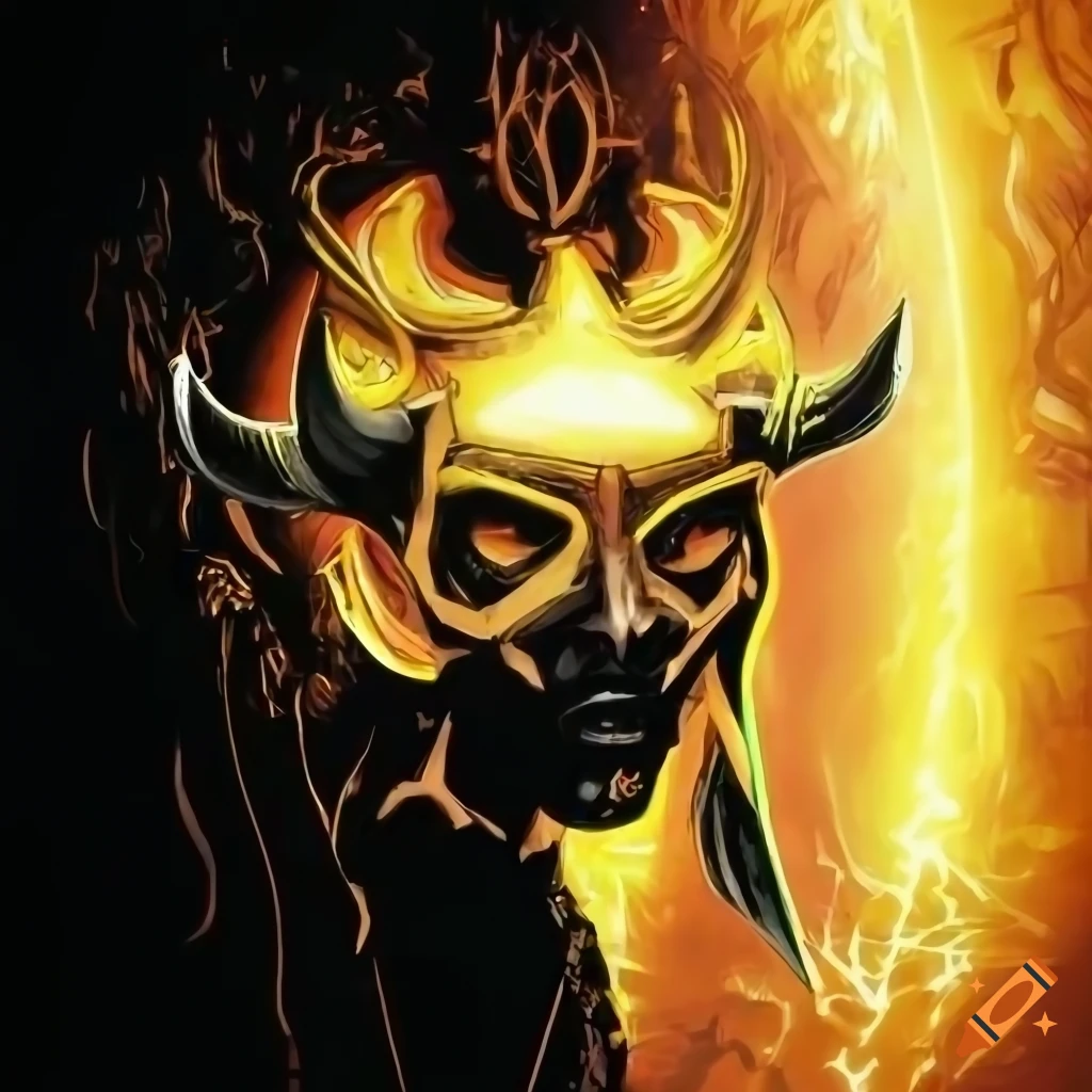 Symmetrical neon orange and yellow demonic, angelic, apostle with horns ...