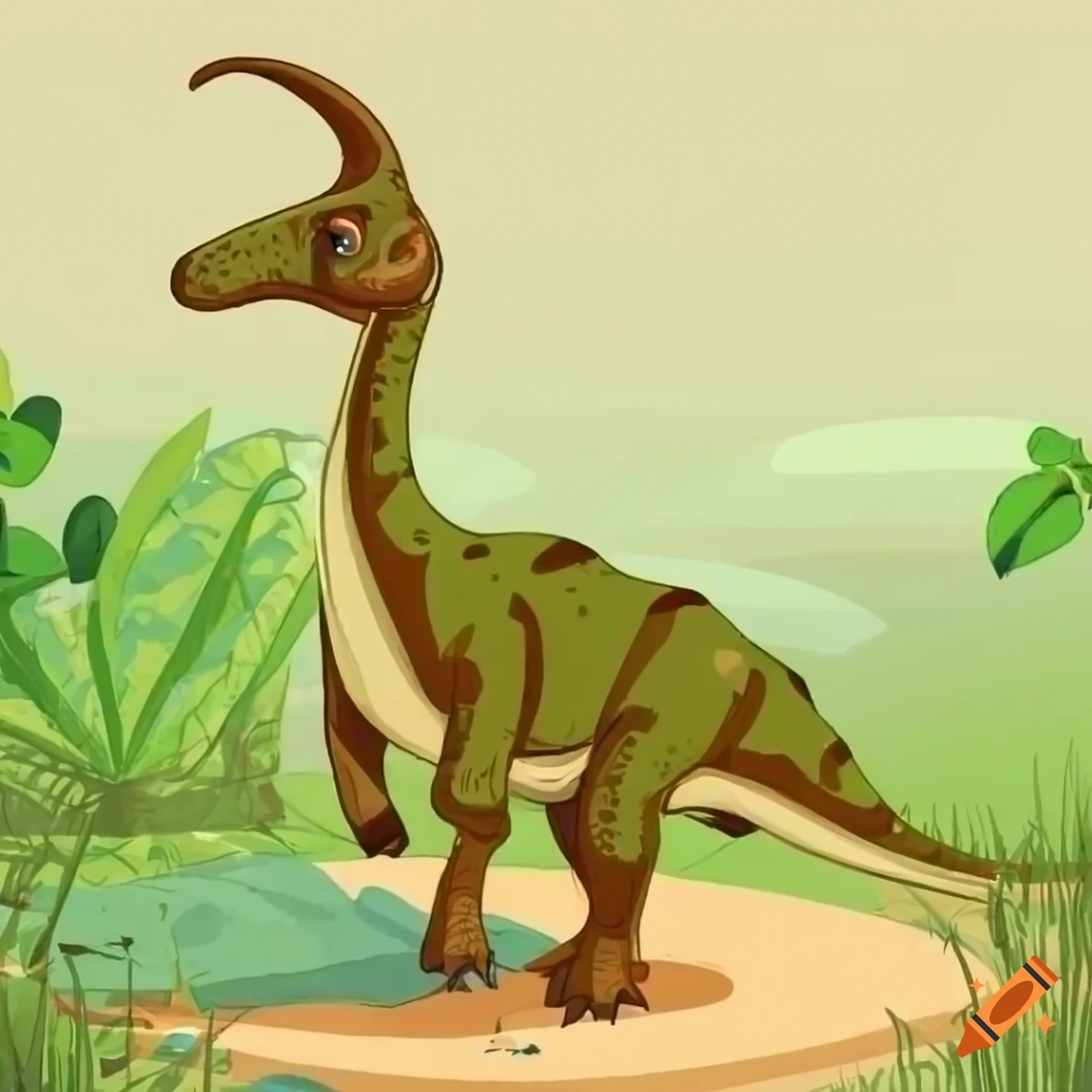 Cartoon Parasaurolophus in the jungle on Craiyon