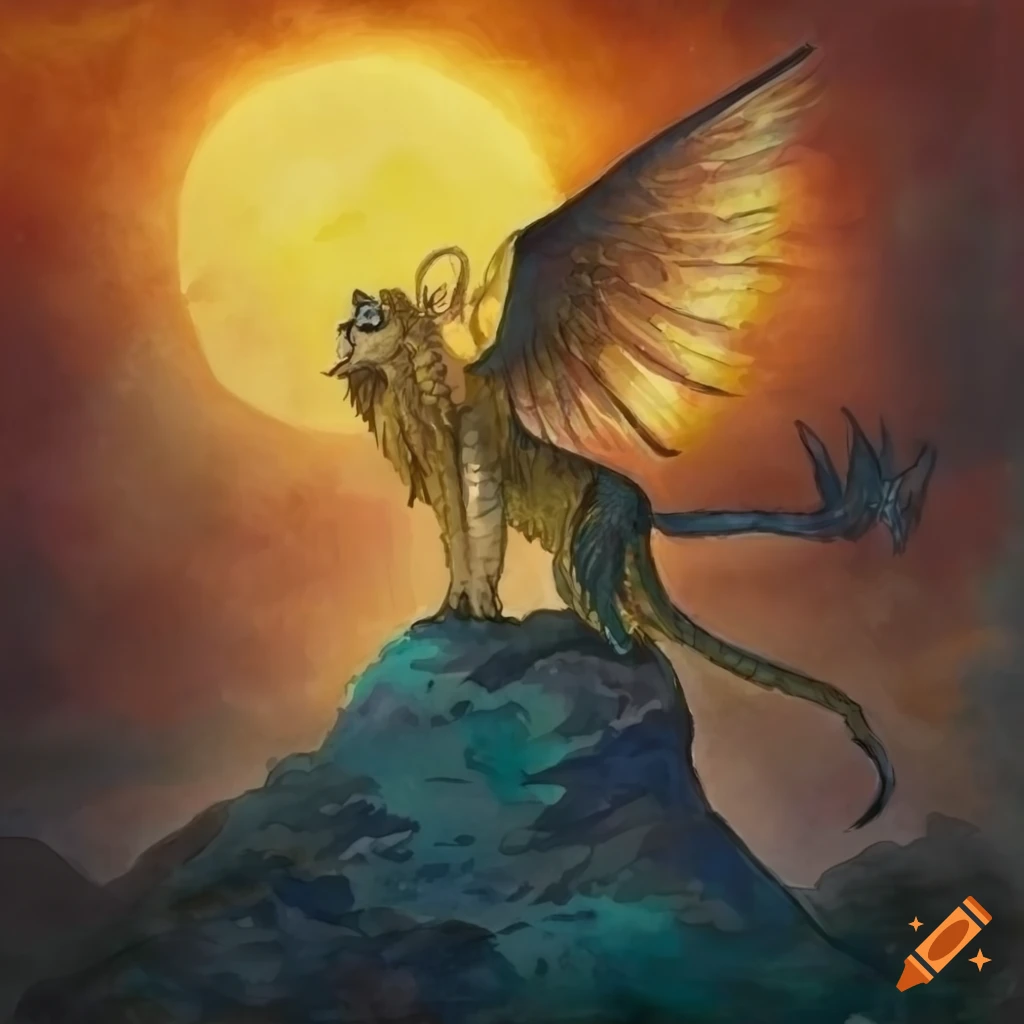 Majestic chimera with lion body, dragon wings, and serpent's tail standing on a mountain peak on ...