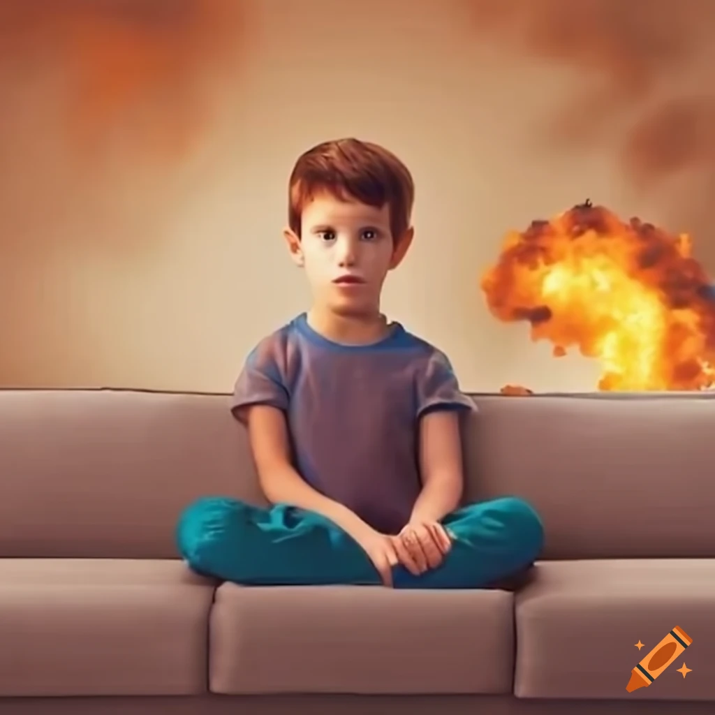 Boy sitting on a sofa looking at a huge explosion on Craiyon