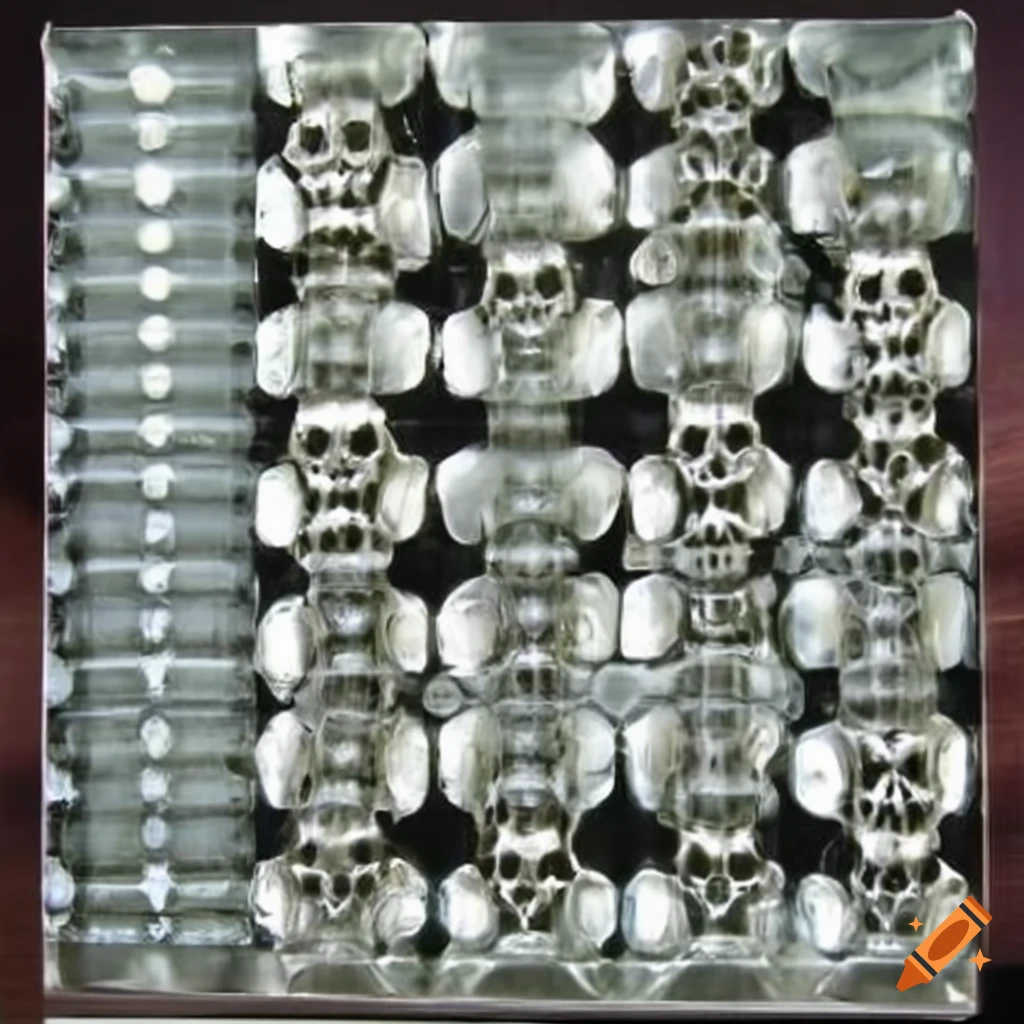 Grid of glass blocks shaped like skulls on Craiyon
