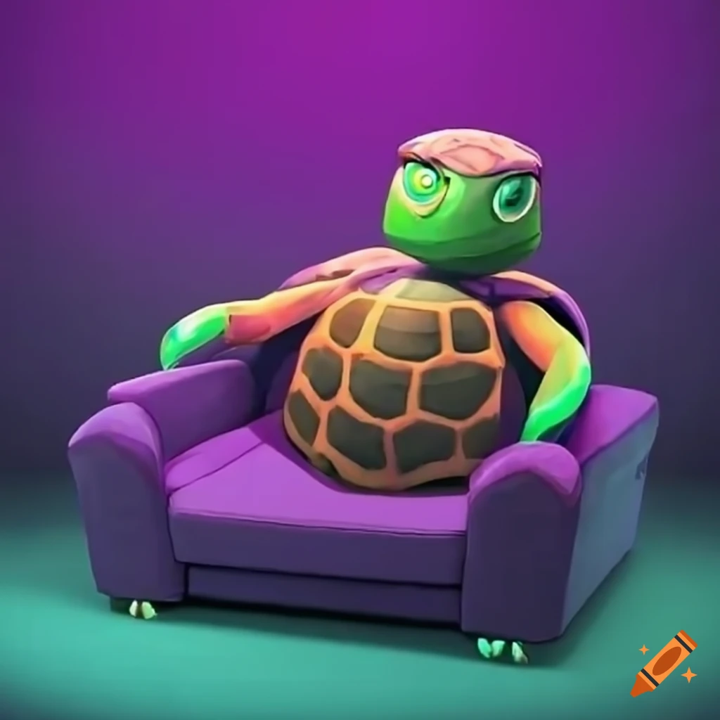 Purple turtle playing video games on a couch on Craiyon