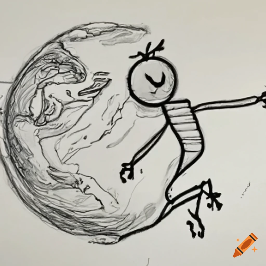 Stickman running around a sketched planet on Craiyon