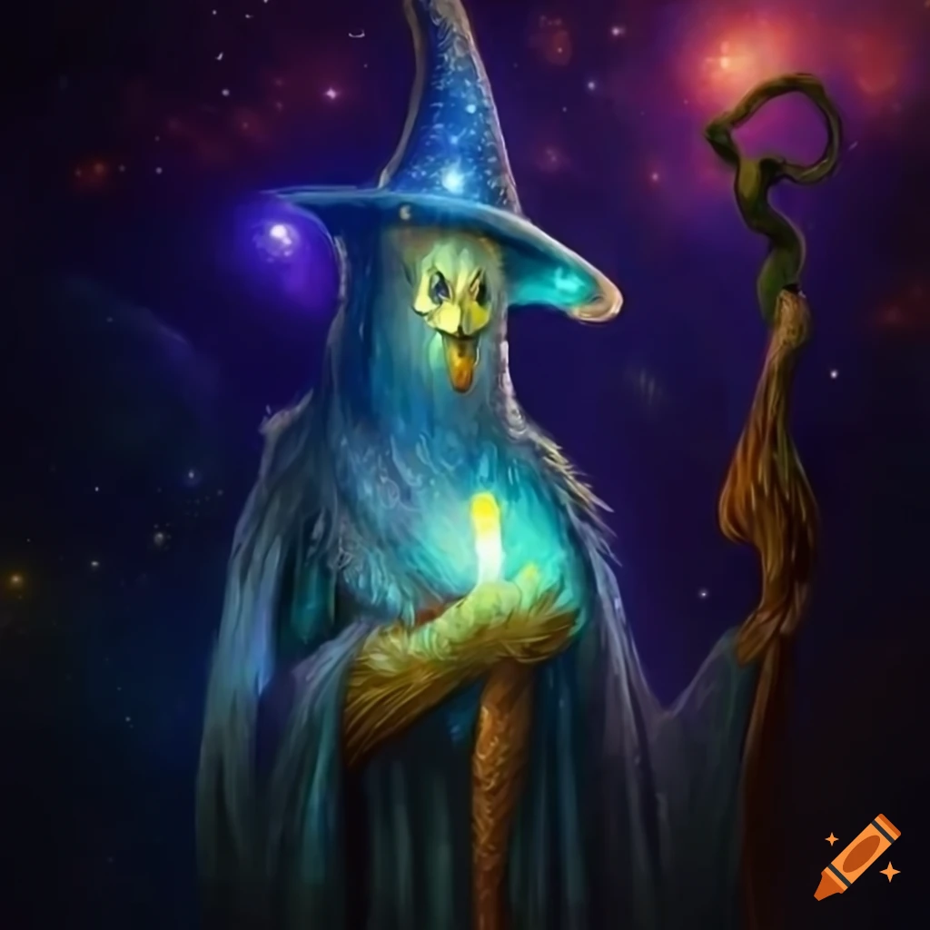 Wizard chicken with glowing eyes and staff in a mystical forest under a ...