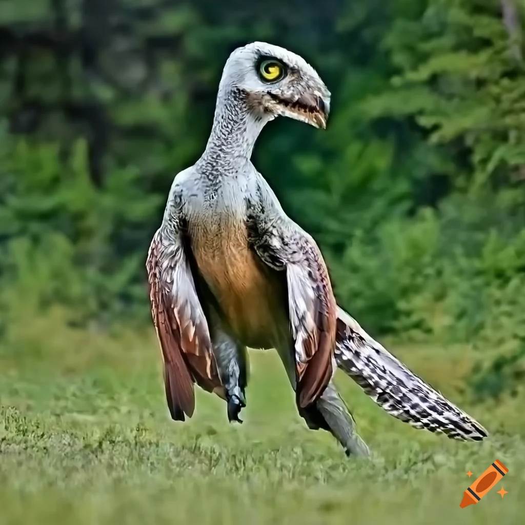 Feathered Utahraptor with owl-like colors in full body view on Craiyon