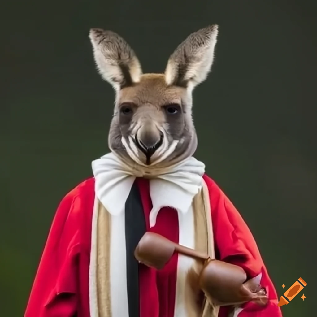 Kangaroo in judge's robe holding a gavel on Craiyon