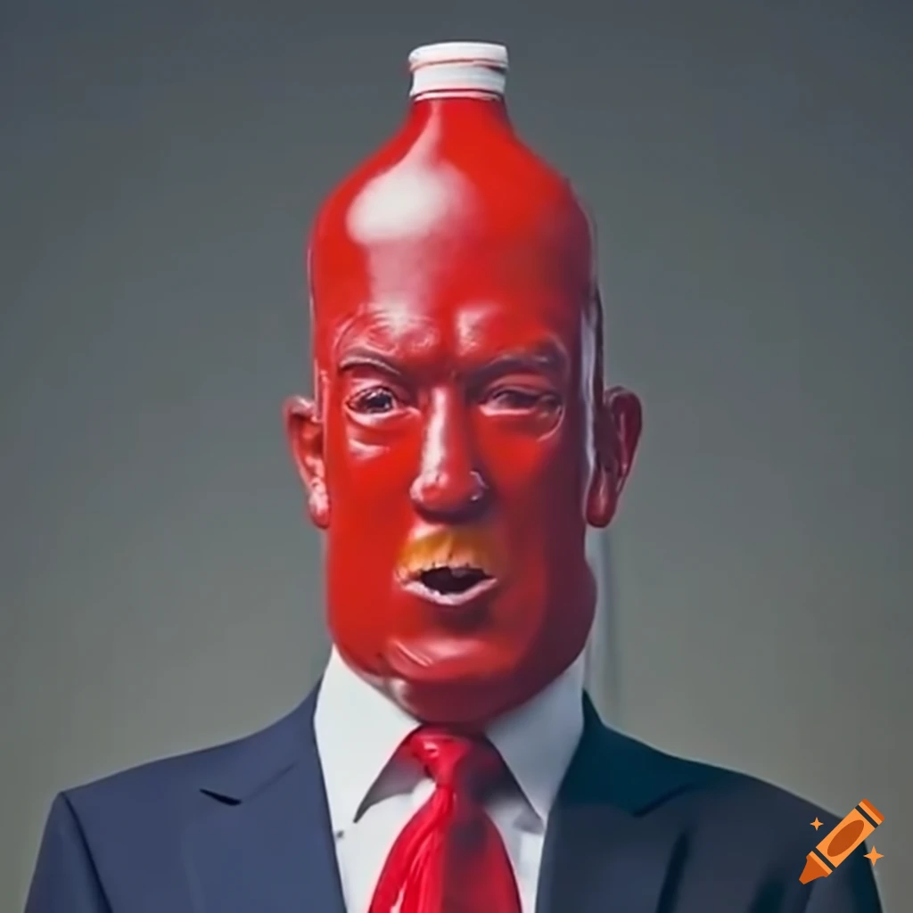 Satirical illustration of trump standing inside a giant ketchup bottle ...