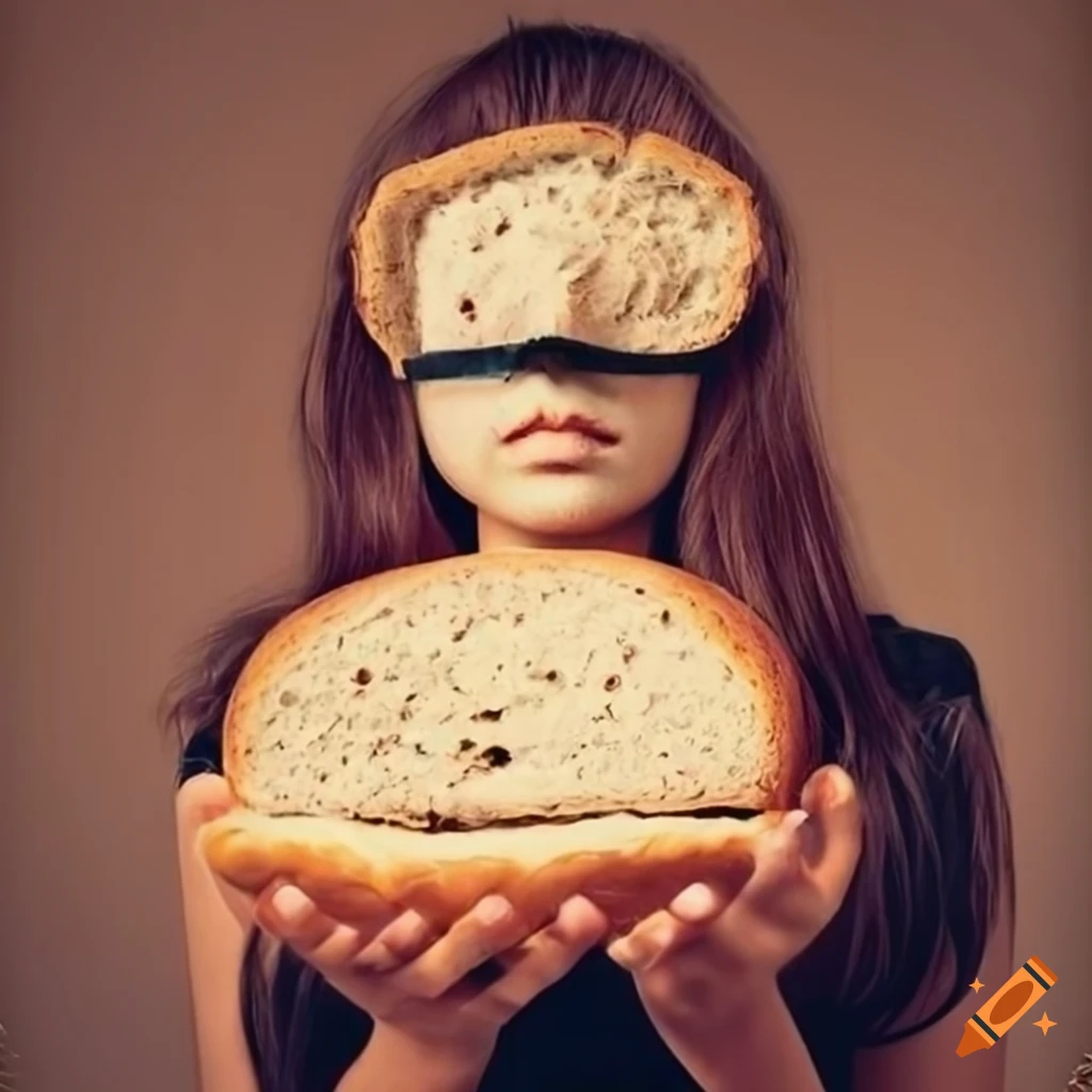 Vintage polaroid photo of a woman wearing a bread mask on Craiyon