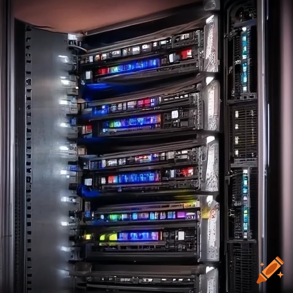 Server rack with mounted and running servers with blinking lights on ...