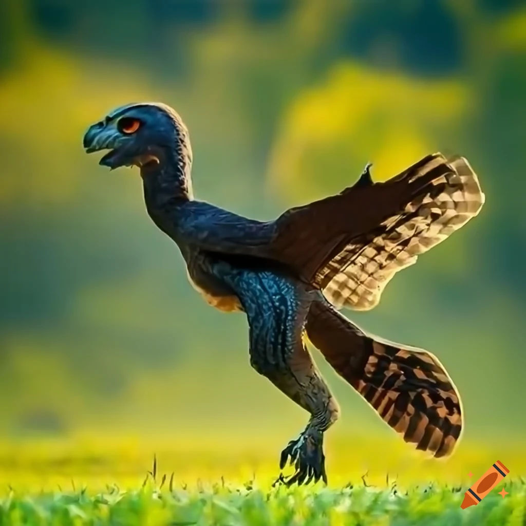 Feathered utahraptor with owl-like colors in the wild on Craiyon