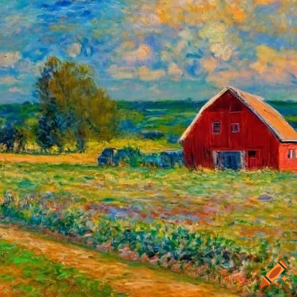 Monet-style painting of lovers in a farm field with a red barn on Craiyon