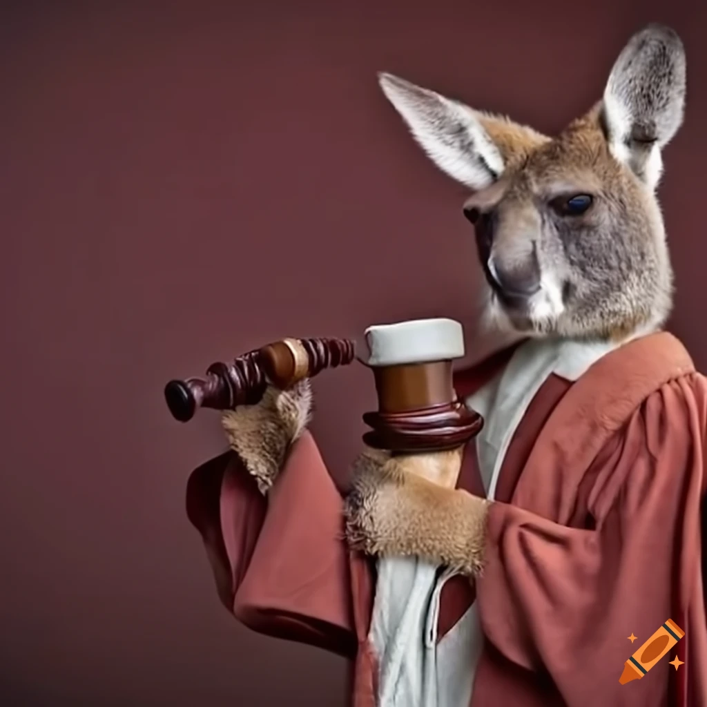 Kangaroo wearing judges robe holding a gavel on Craiyon