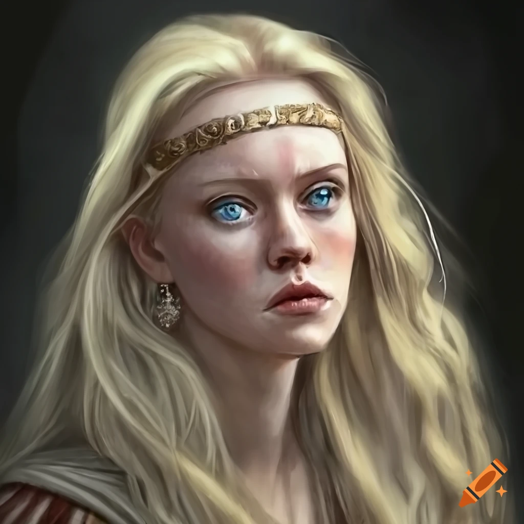 Blonde hair and light blue eyes portrait in nordic germanic ancient ...