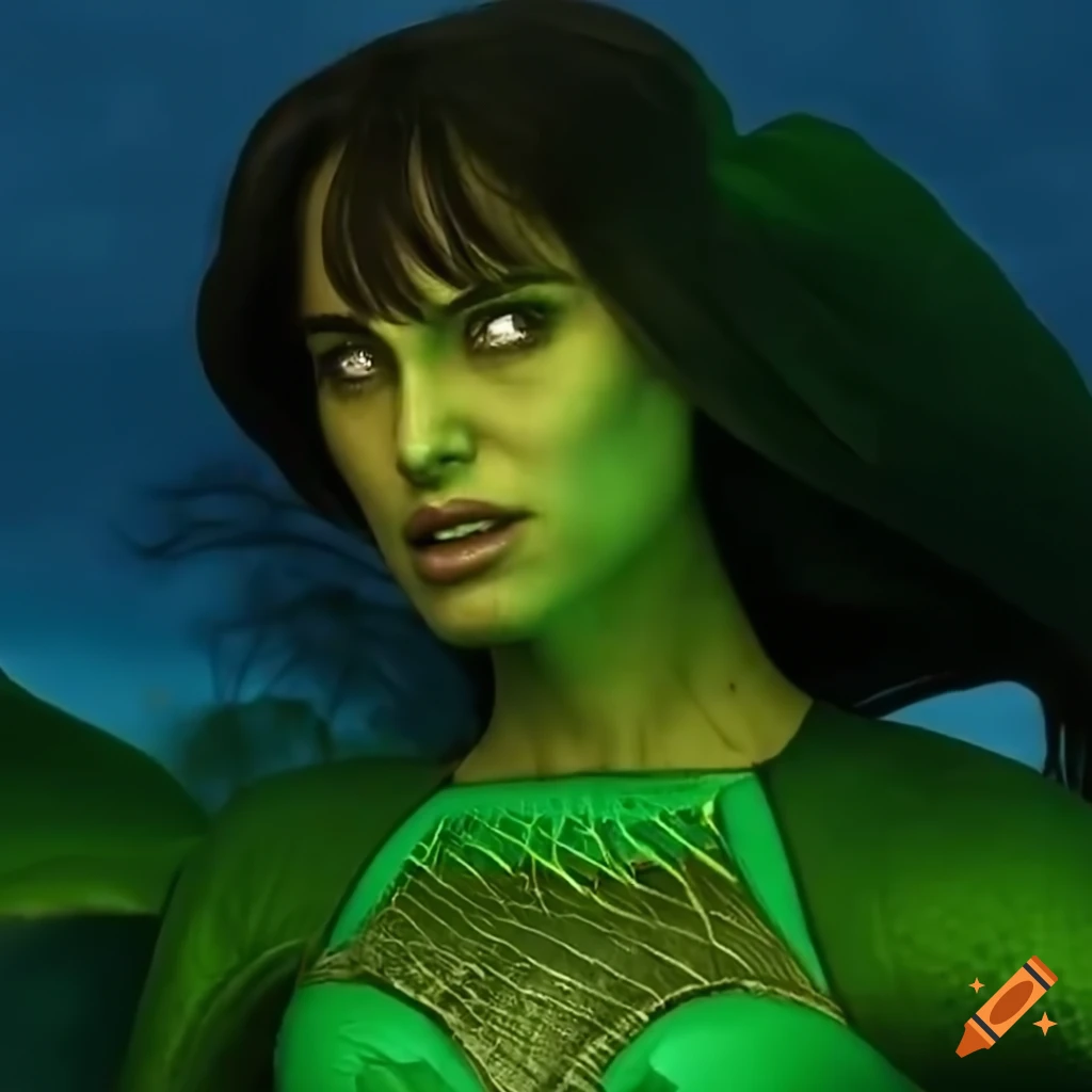 Natalie Portman as a green Naga in a wide angle shot on Craiyon