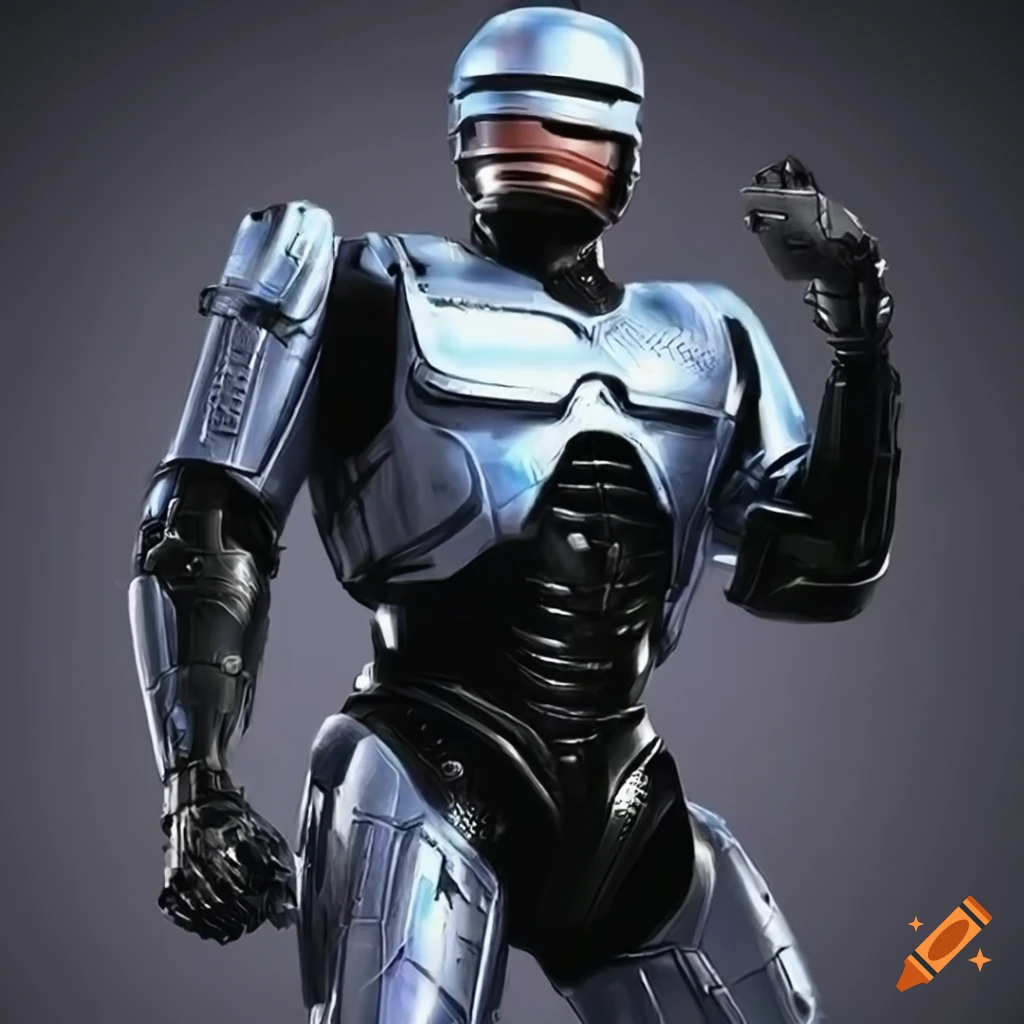 Robocop standing in futuristic city on Craiyon