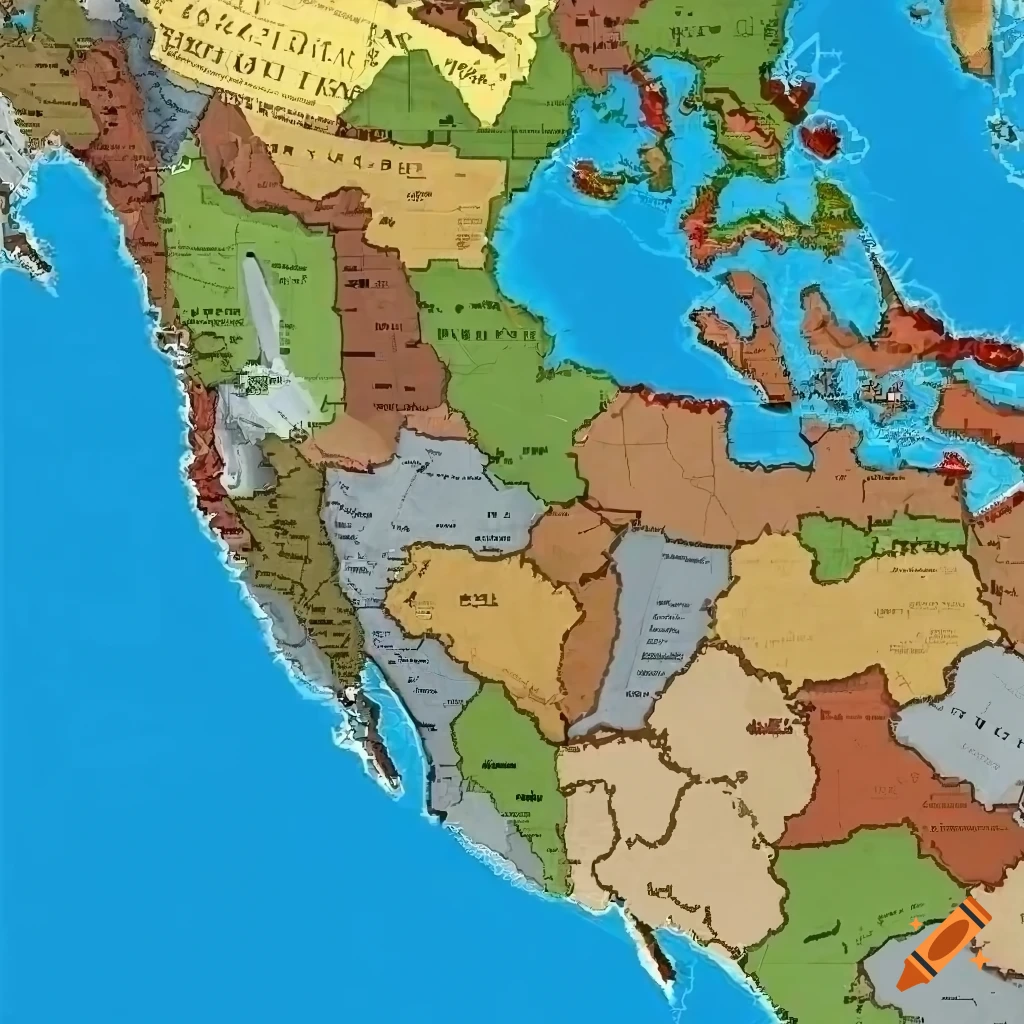Geopolitical map of a fantasy world with borders and territories on Craiyon