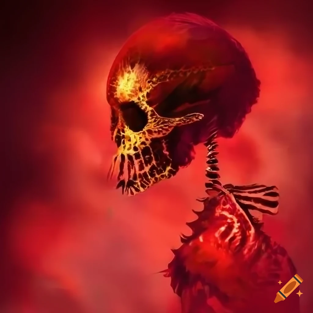 Skeletal figure with wings in a red haze on Craiyon