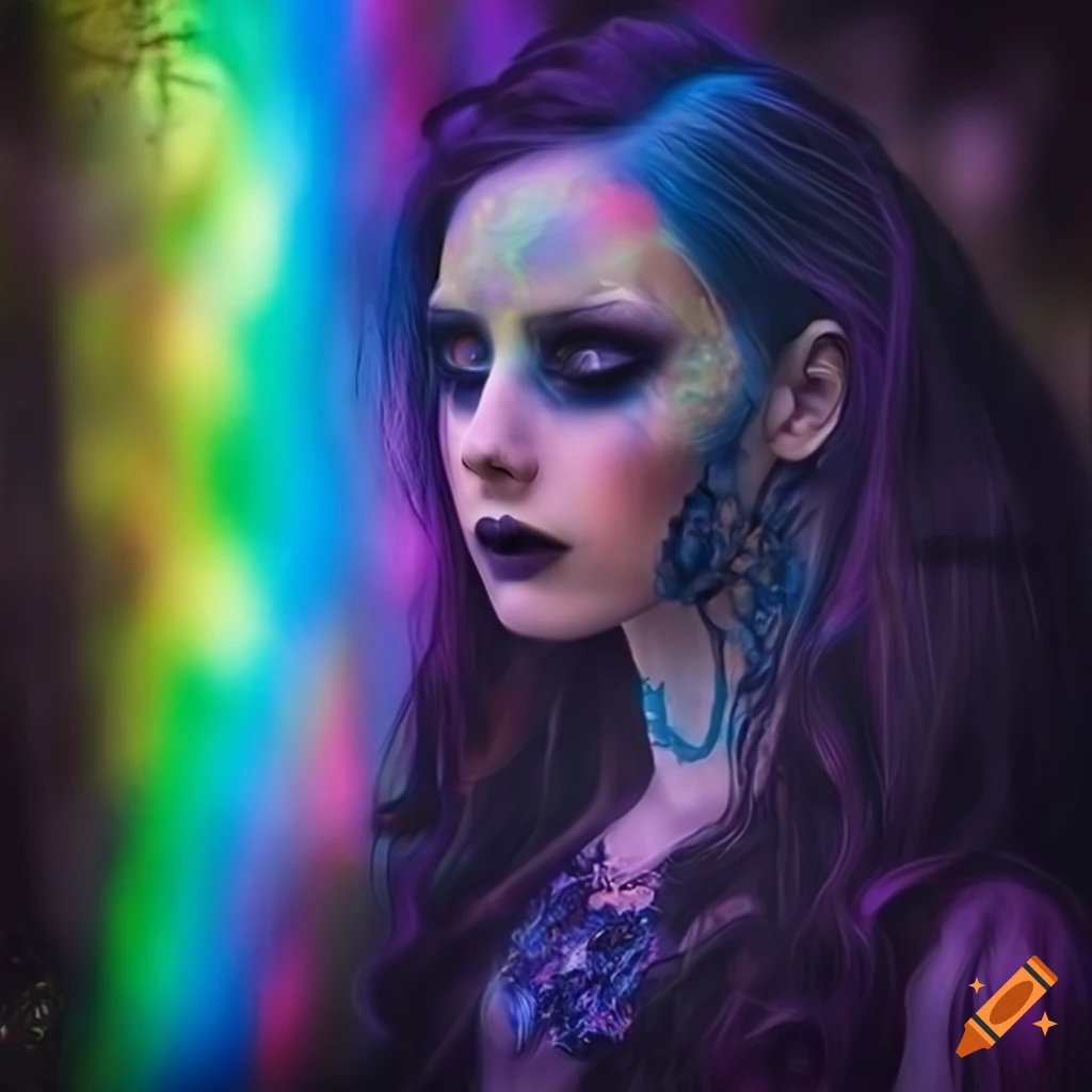Vibrant and colorful surreal woman's face in a gothic forest setting on ...