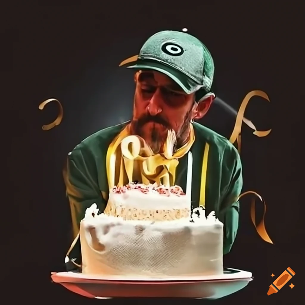 Aaron Rodgers at retirement party with cake and streamers on Craiyon