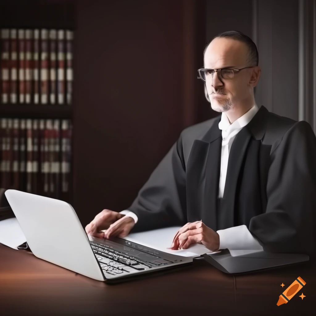Jewish lawyer typing on laptop in law library on Craiyon