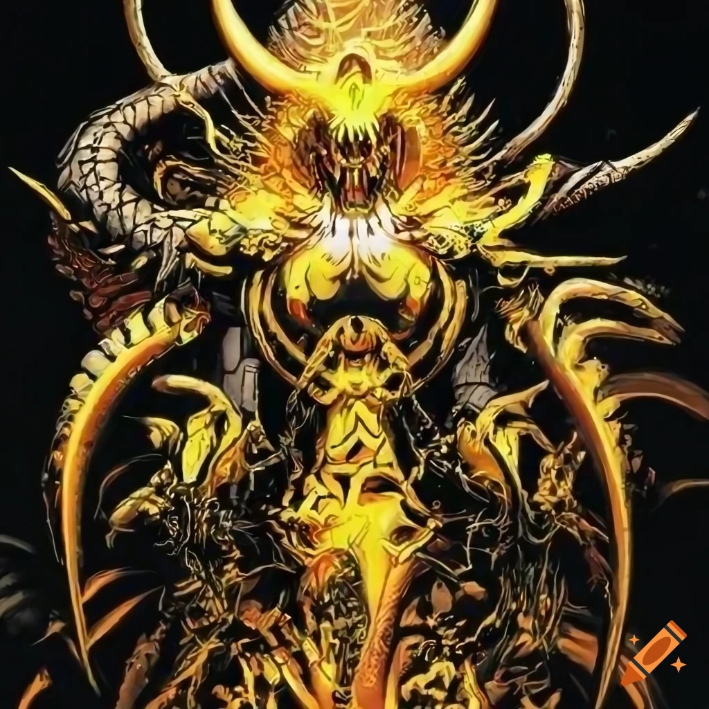 Neon orange and yellow demonic dragon artwork with angel apostle in a ...