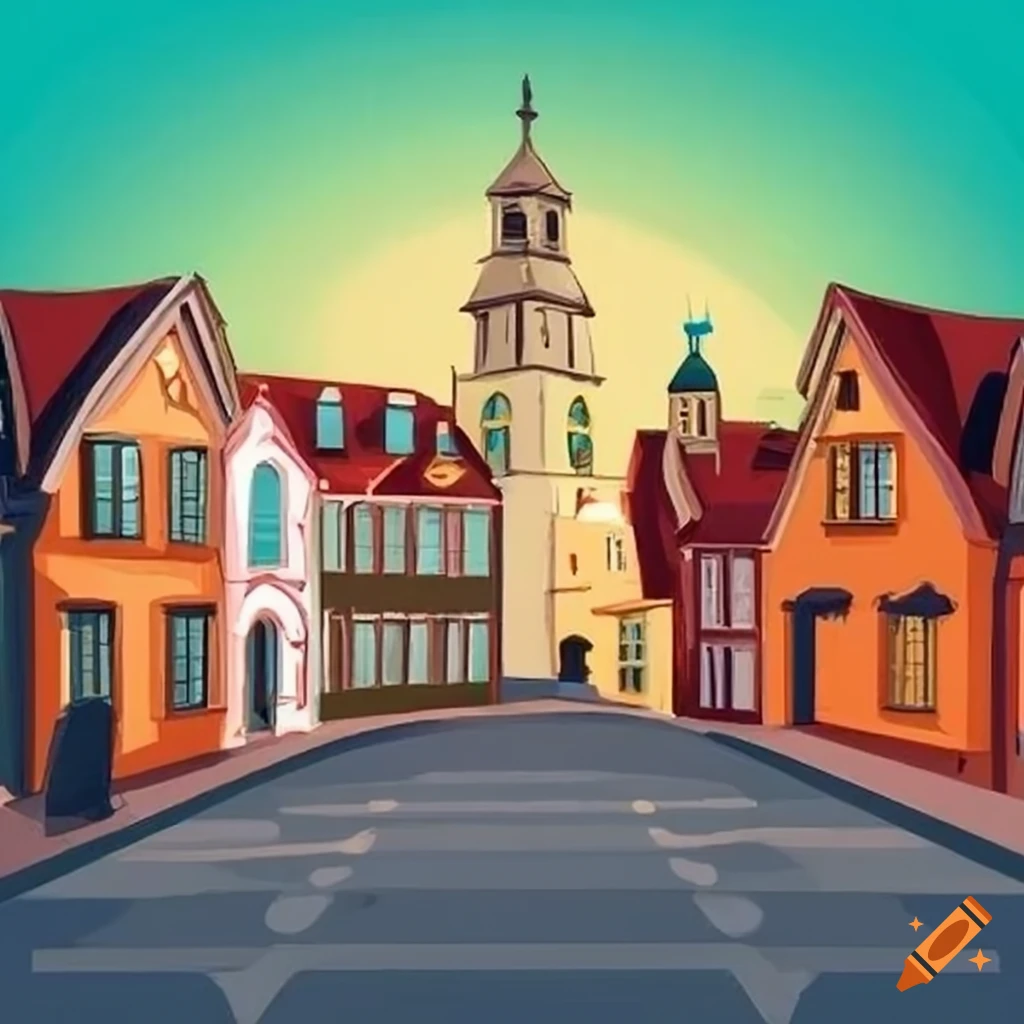 Quaint urban street scene with church and cottages on Craiyon