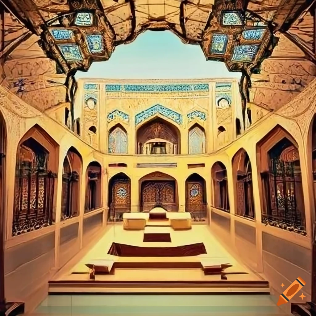 Interior perspective of a complex with Iranian and modern architecture ...