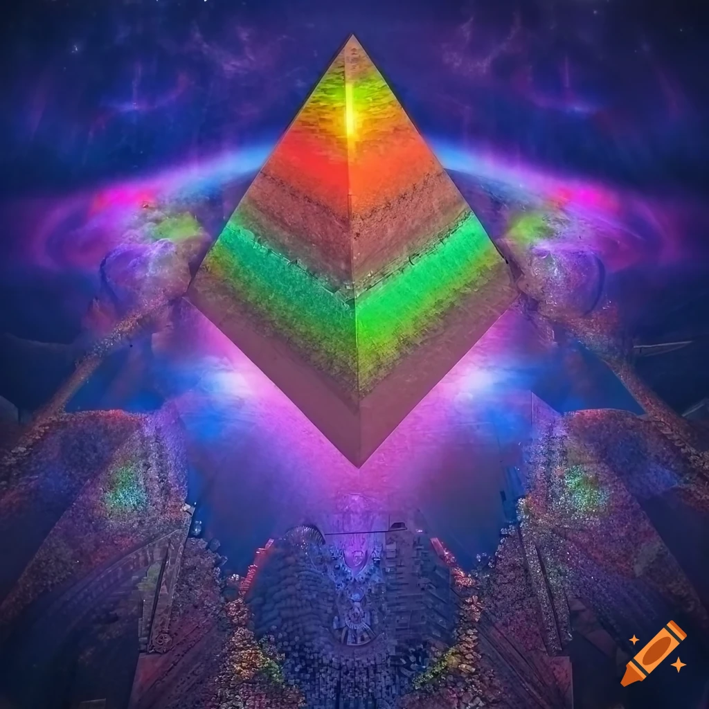 Fractal pyramid made of rainbow laser crystals with outer space ...
