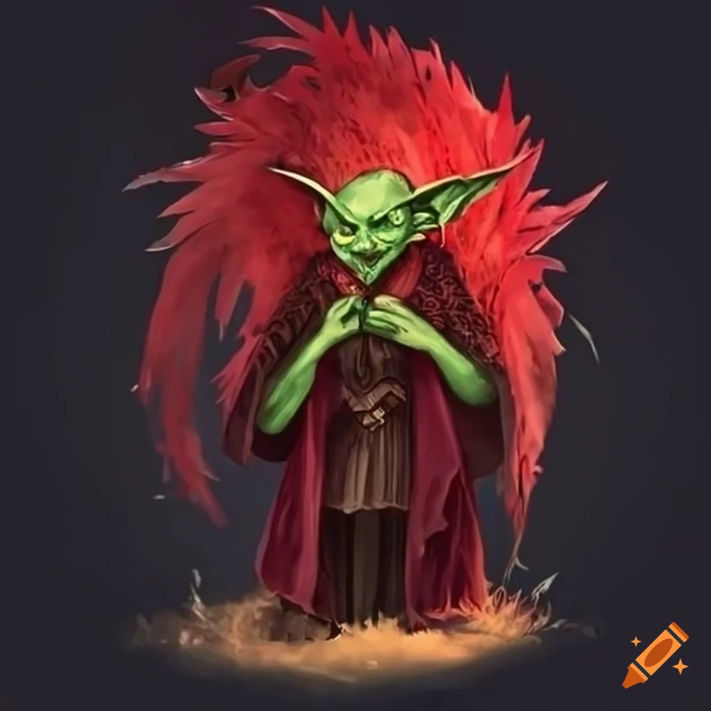 Mischievous goblin with a red feather cloak on Craiyon