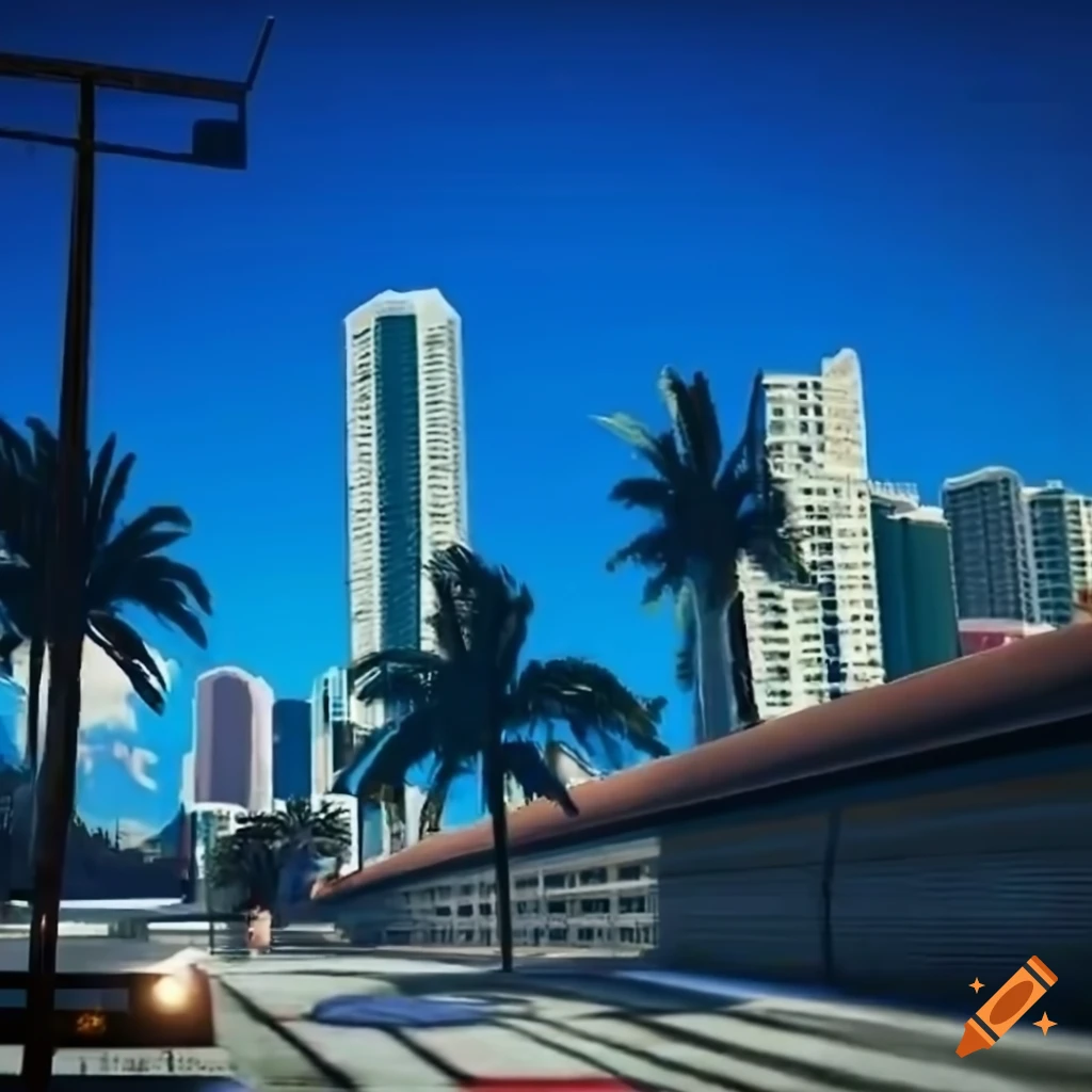 Gta 5 loading screen of miami with blue sky on Craiyon