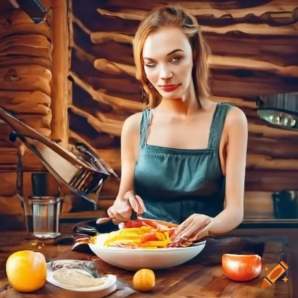 Woman cooking breakfast in a log cabin kitchen on Craiyon