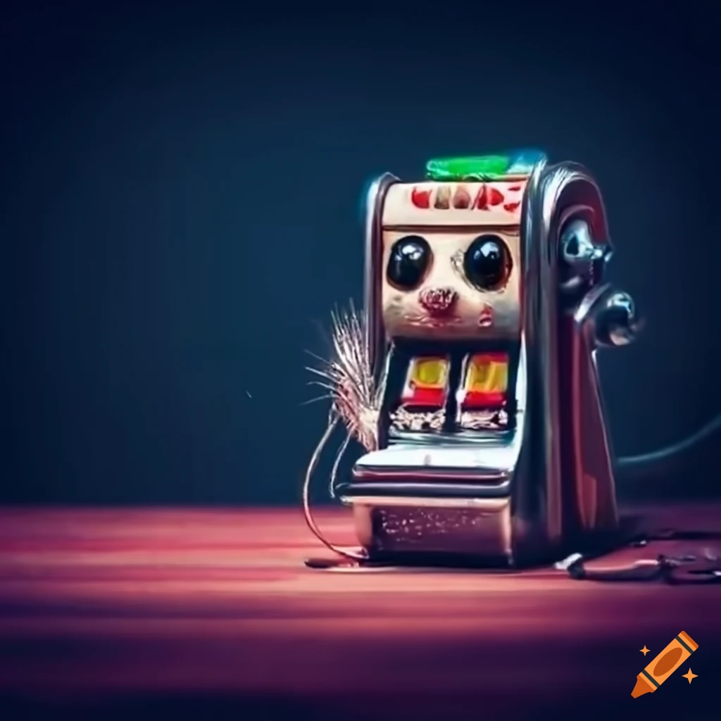 Playful mouse at a vintage casino slot machine on Craiyon