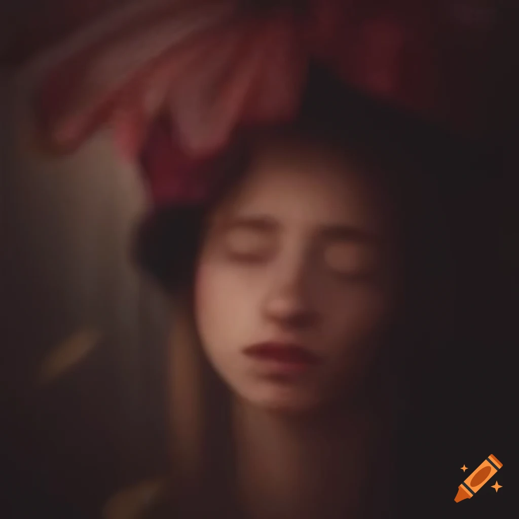 Blurry portrait of a woman with closed eyes and floral hat in surreal ...