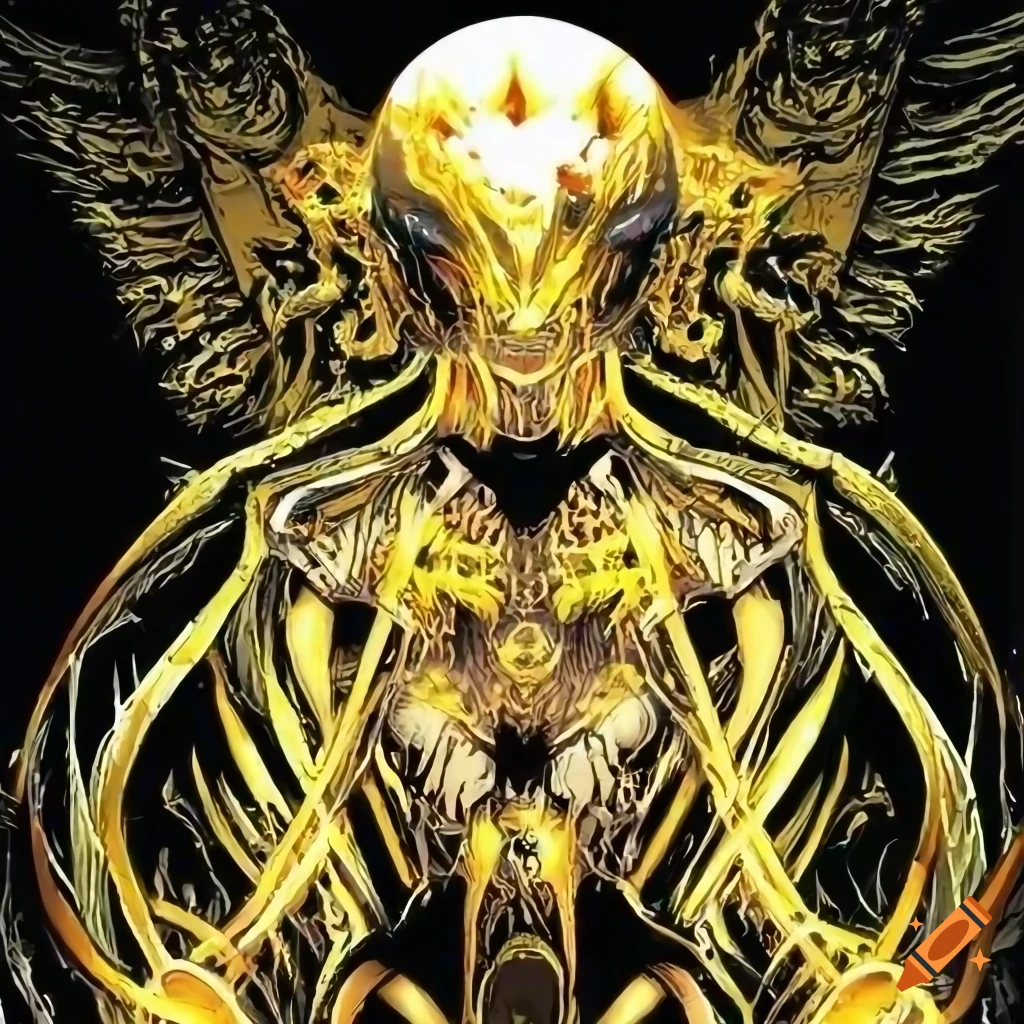 Demonic biomechanical angel with a beautiful female face in neon colors ...