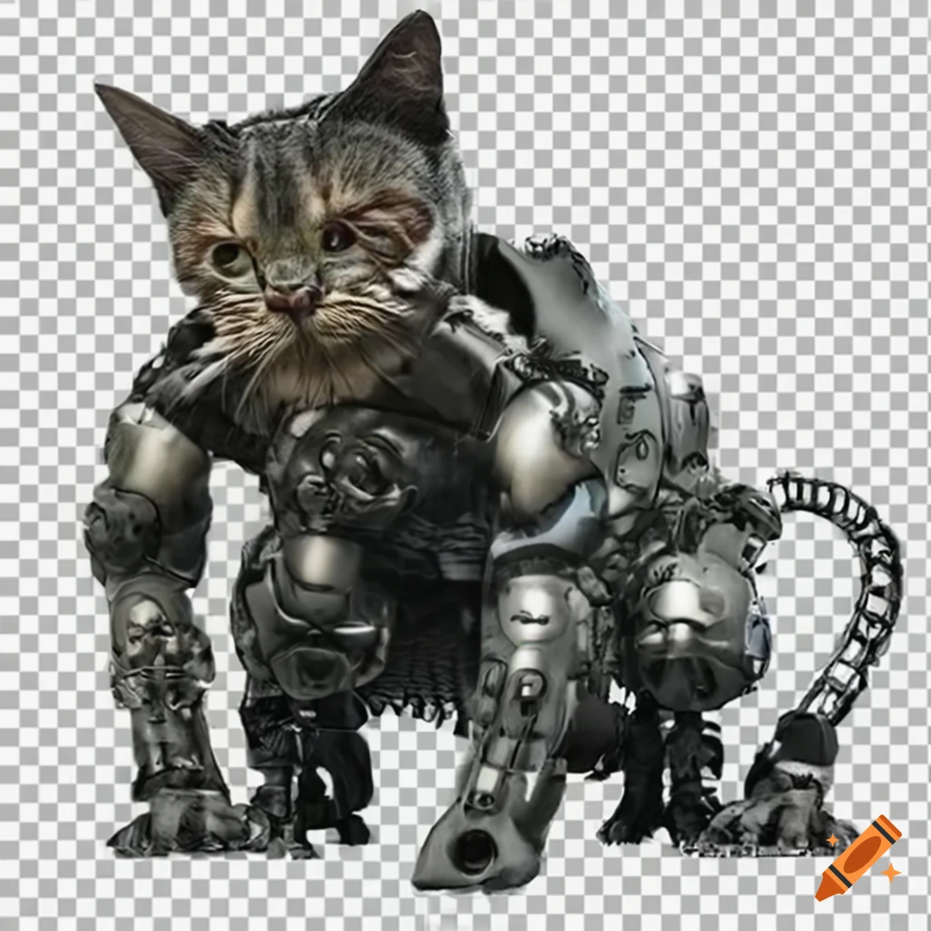 Surrealist cyborg cat with mechanical parts in transparent png format ...