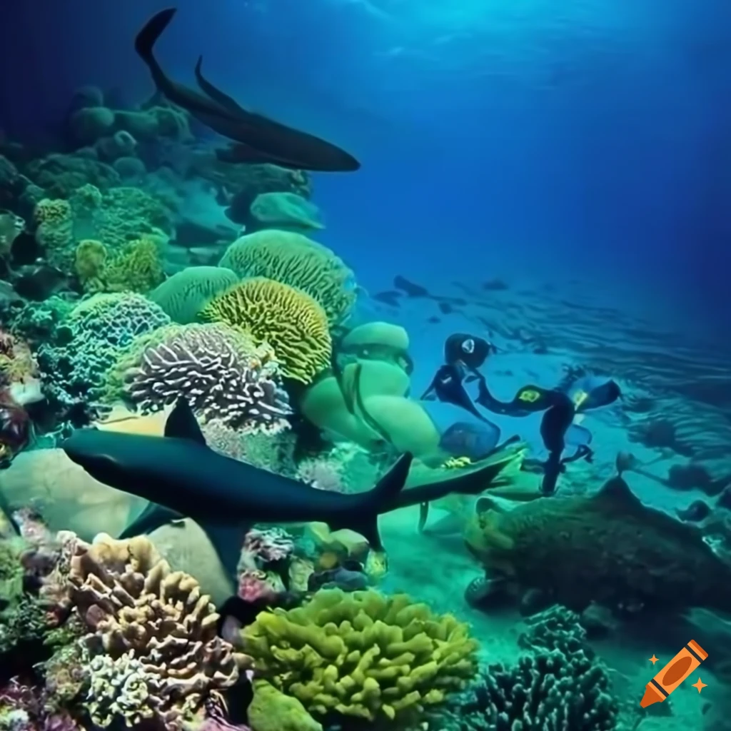 Colorful coral reef with shark and scuba divers holding hands on Craiyon